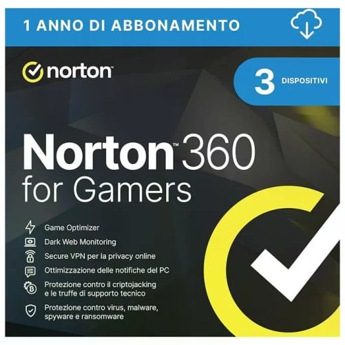 Norton, Antivirus 360 per Gamers 2026, 3 Dispositivi, 12 Mesi, 50GB ...